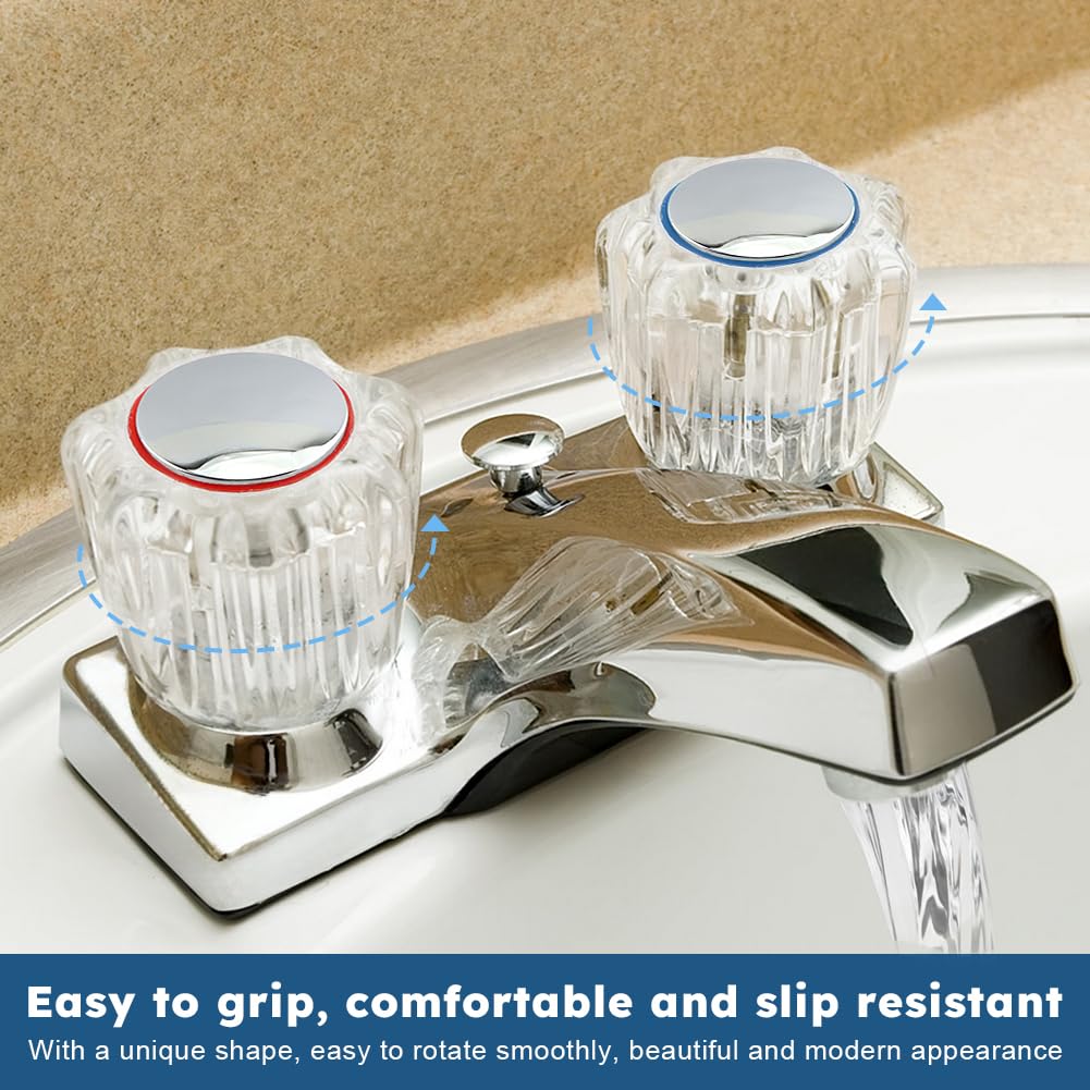 Parthan 2 pcs Faucet Handles with Screws, Transparent Acrylic Hot and Cold Faucet Replacement Handles Bathroom Sink Bathtub Faucet Knobs fits D-shaped Hot Cold Faucet Stems(COLOR:1 Red + 1 Blue)
