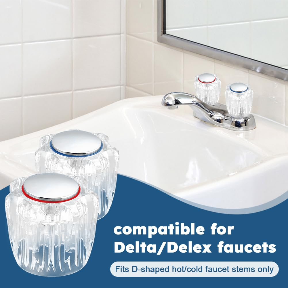 Parthan 2 pcs Faucet Handles with Screws, Transparent Acrylic Hot and Cold Faucet Replacement Handles Bathroom Sink Bathtub Faucet Knobs fits D-shaped Hot Cold Faucet Stems(COLOR:1 Red + 1 Blue)