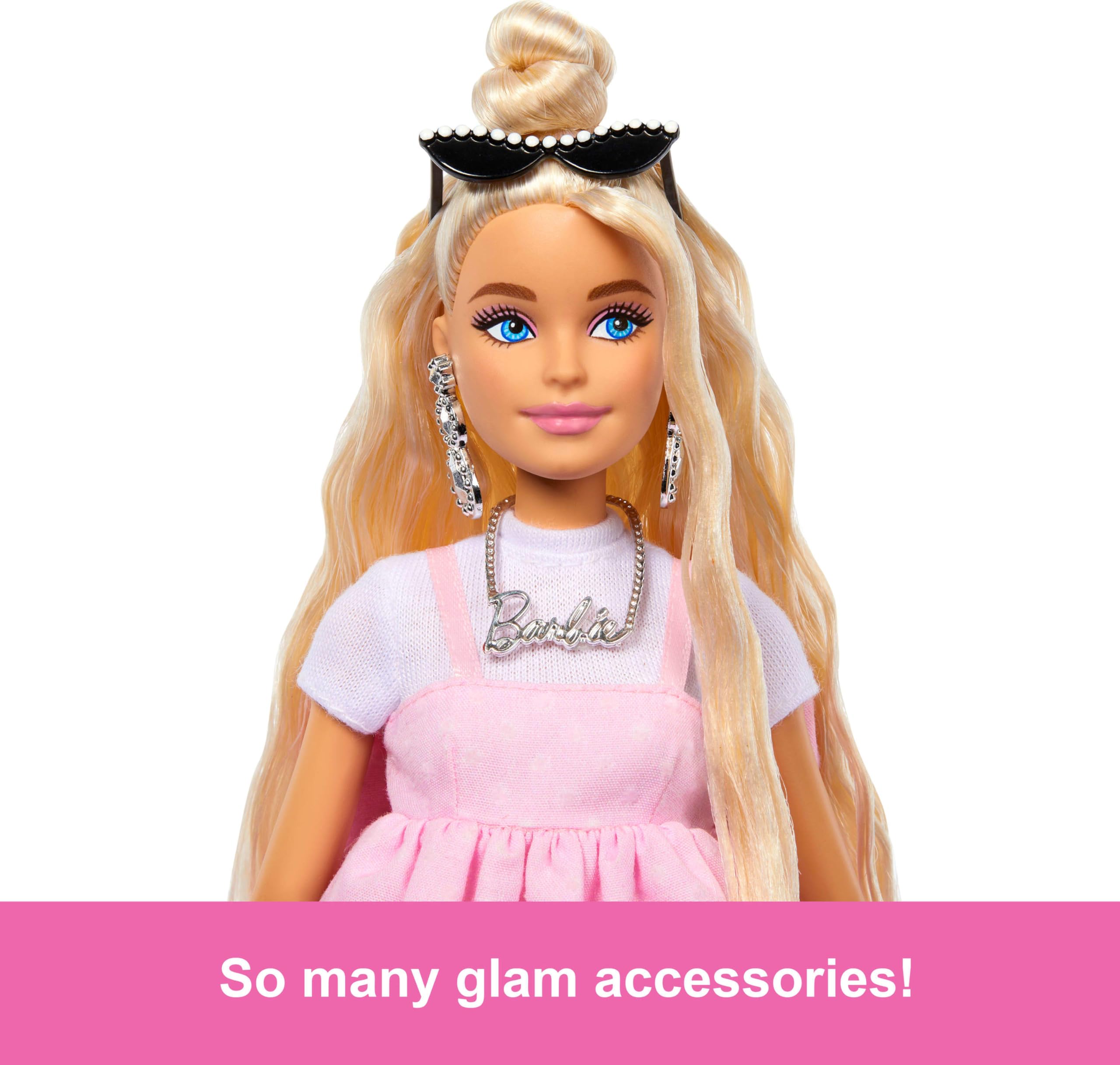 Barbie Deluxe Style Doll #3 in Barbiecore Outfit, Blond Hair in Top Knot, Pink Pastel Dress with Oversized Bow and Accessories Like Mesh Tights