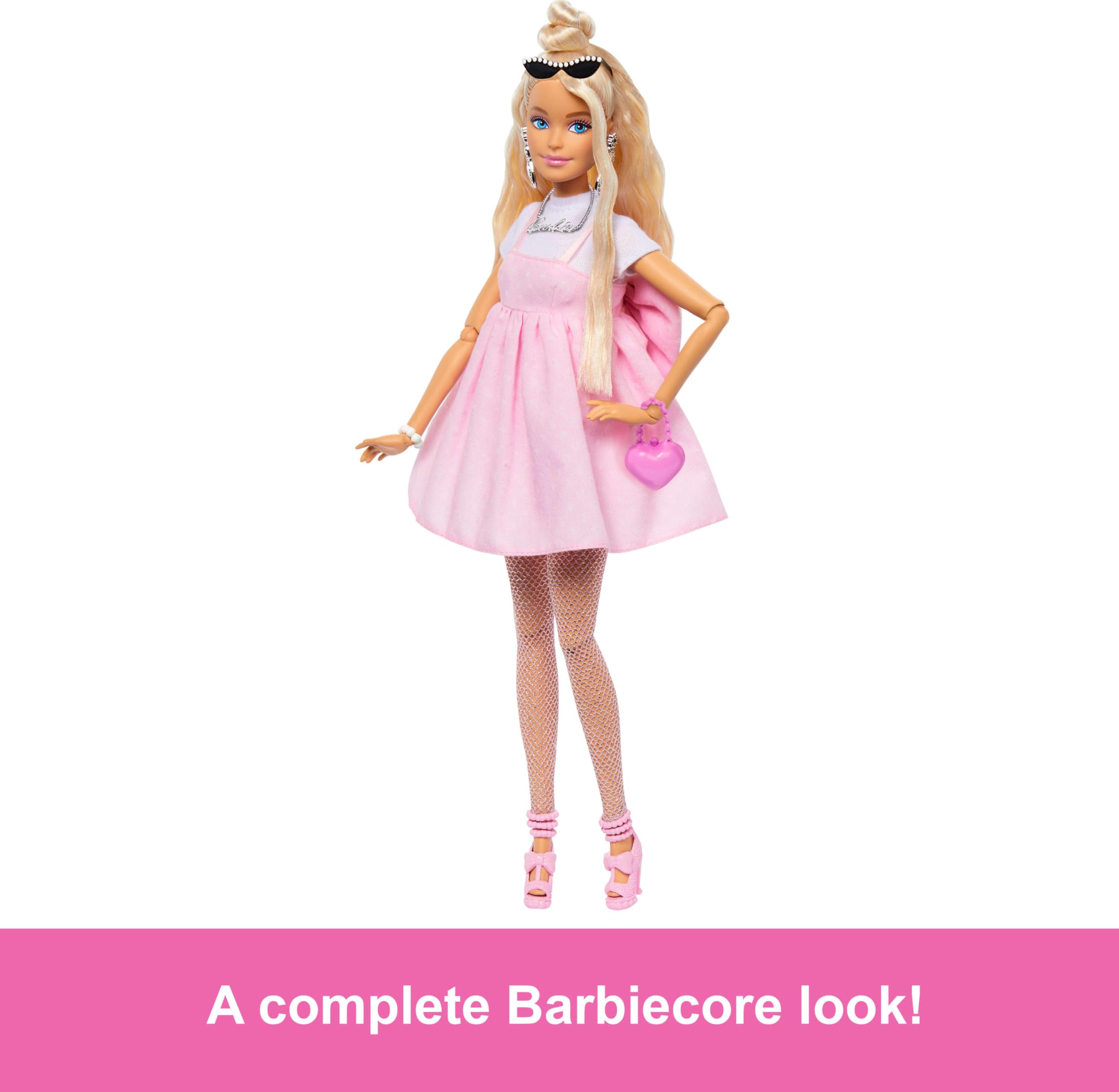 Barbie Deluxe Style Doll #3 in Barbiecore Outfit, Blond Hair in Top Knot, Pink Pastel Dress with Oversized Bow and Accessories Like Mesh Tights