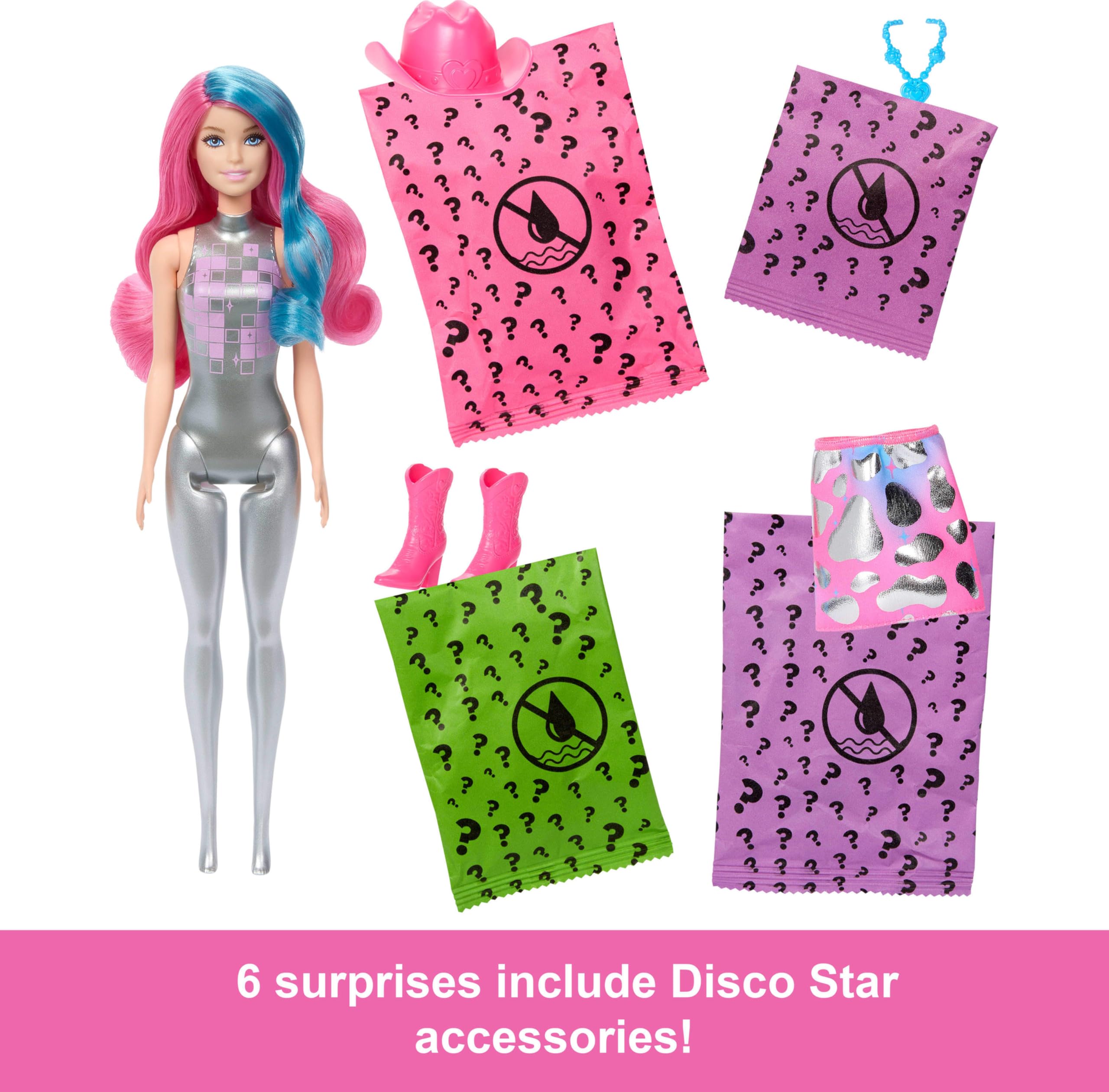 Barbie Color Reveal Fashion Doll & Accessories with 6 Surprises, Disco Star Series with Metallic Shine & Color-Change Bodice (Styles May Vary)