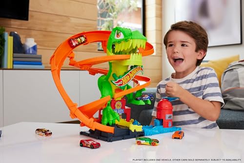 Hot Wheels Toy Car Track Set, City T-Rex Blaze Battle Playset & 1:64 Scale Die-Cast Vehicle, 18β Tall, Multiple Race Outcomes, Spinning Dinosaur Eyes