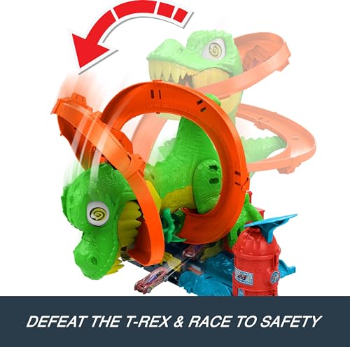 Hot Wheels Toy Car Track Set, City T-Rex Blaze Battle Playset & 1:64 Scale Die-Cast Vehicle, 18β Tall, Multiple Race Outcomes, Spinning Dinosaur Eyes
