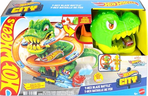 Hot Wheels Toy Car Track Set, City T-Rex Blaze Battle Playset & 1:64 Scale Die-Cast Vehicle, 18β Tall, Multiple Race Outcomes, Spinning Dinosaur Eyes