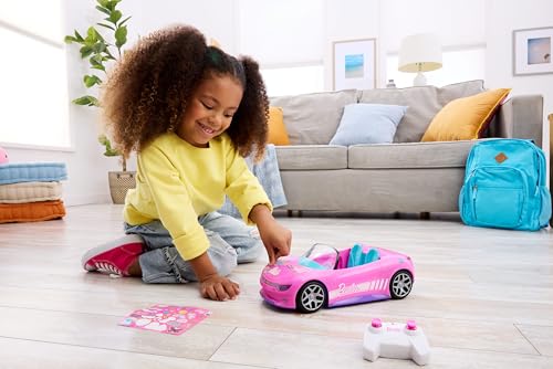 Barbie Hot Wheels RC Toy Car, Remote-Control Pink Convertible, Can Hold 2 Fashion Dolls & Trunk Opens for Storage, Sticker Sheet for Customizing