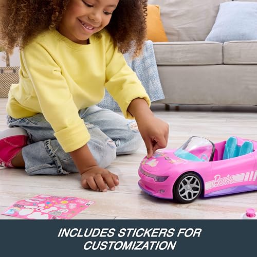 Barbie Hot Wheels RC Toy Car, Remote-Control Pink Convertible, Can Hold 2 Fashion Dolls & Trunk Opens for Storage, Sticker Sheet for Customizing