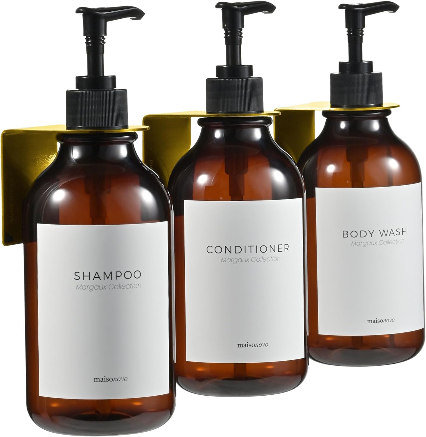 MaisoNovo Shampoo and Conditioner Dispenser with Wall Mounts - 3 Amber Plastic Bottles Black Pump - 4 Mixed Pack Foaming Hand Soap Refill Tablets