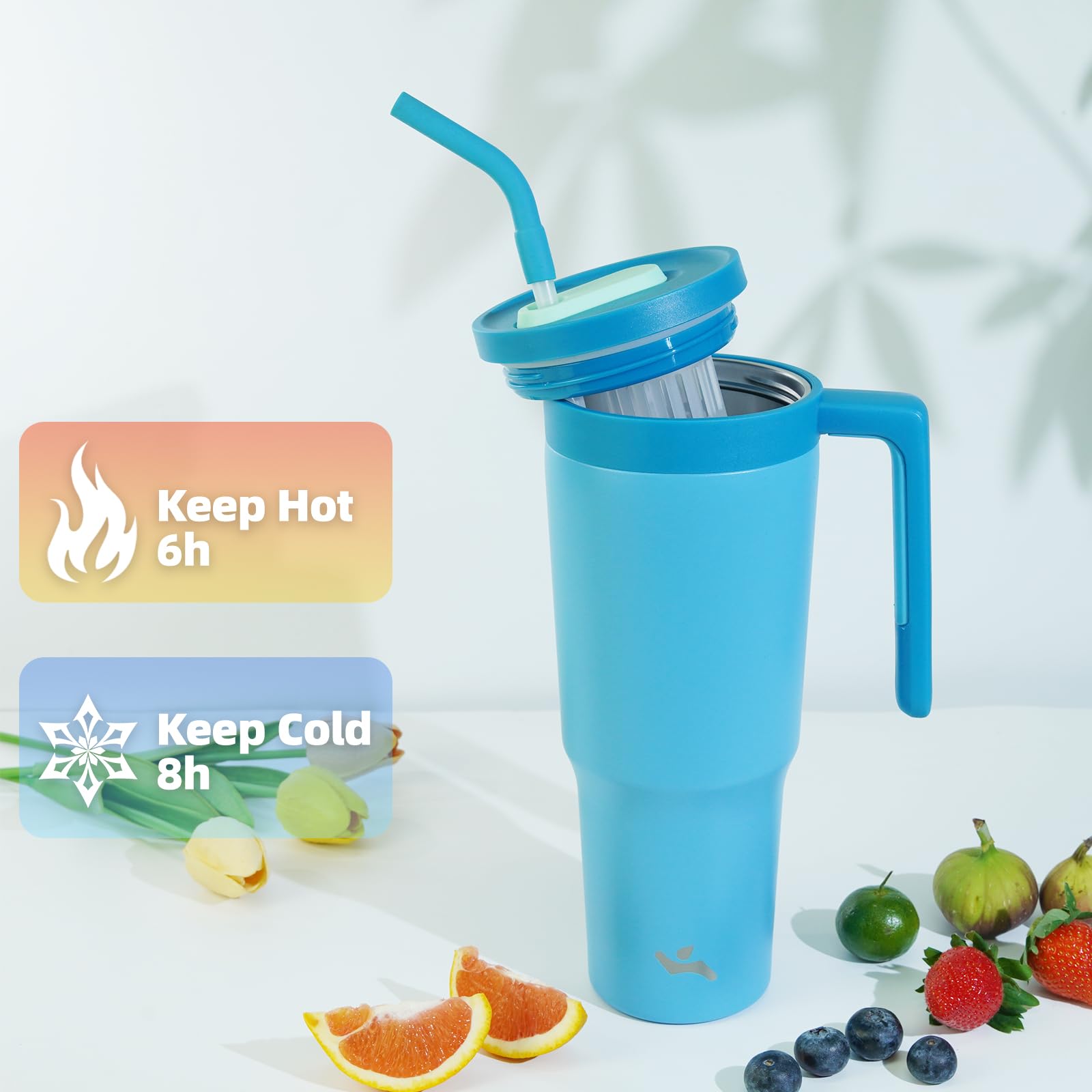 Konokyo Insulated Tumbler with Handle and Straw,40 OZ Vacuum Stainless Steel Water Bottle Travel Mug Metal Cup with Fruit Diffuser,Dark Blue