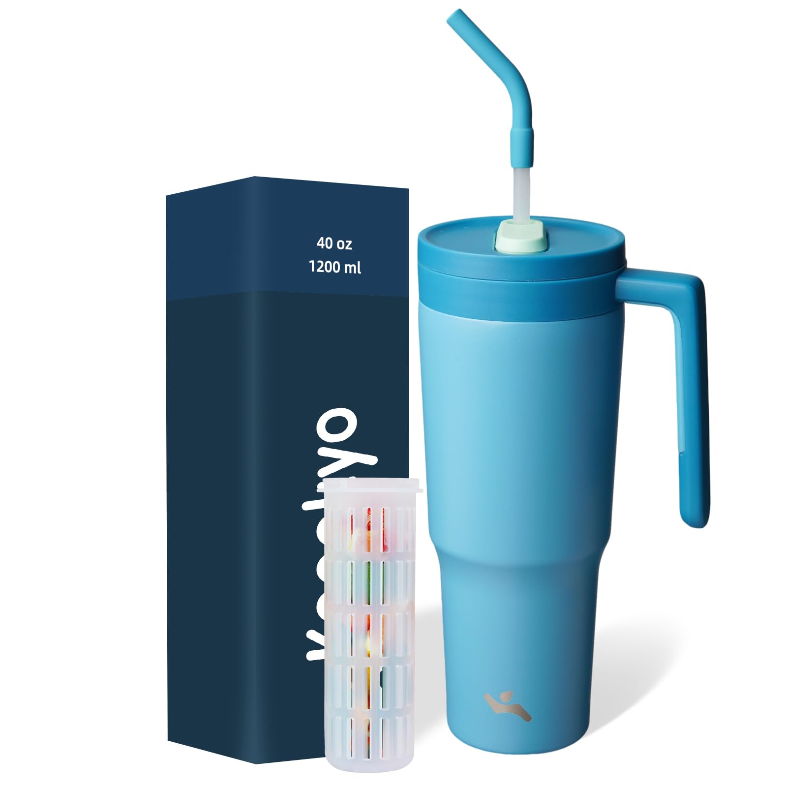 Konokyo Insulated Tumbler with Handle and Straw,40 OZ Vacuum Stainless Steel Water Bottle Travel Mug Metal Cup with Fruit Diffuser,Dark Blue