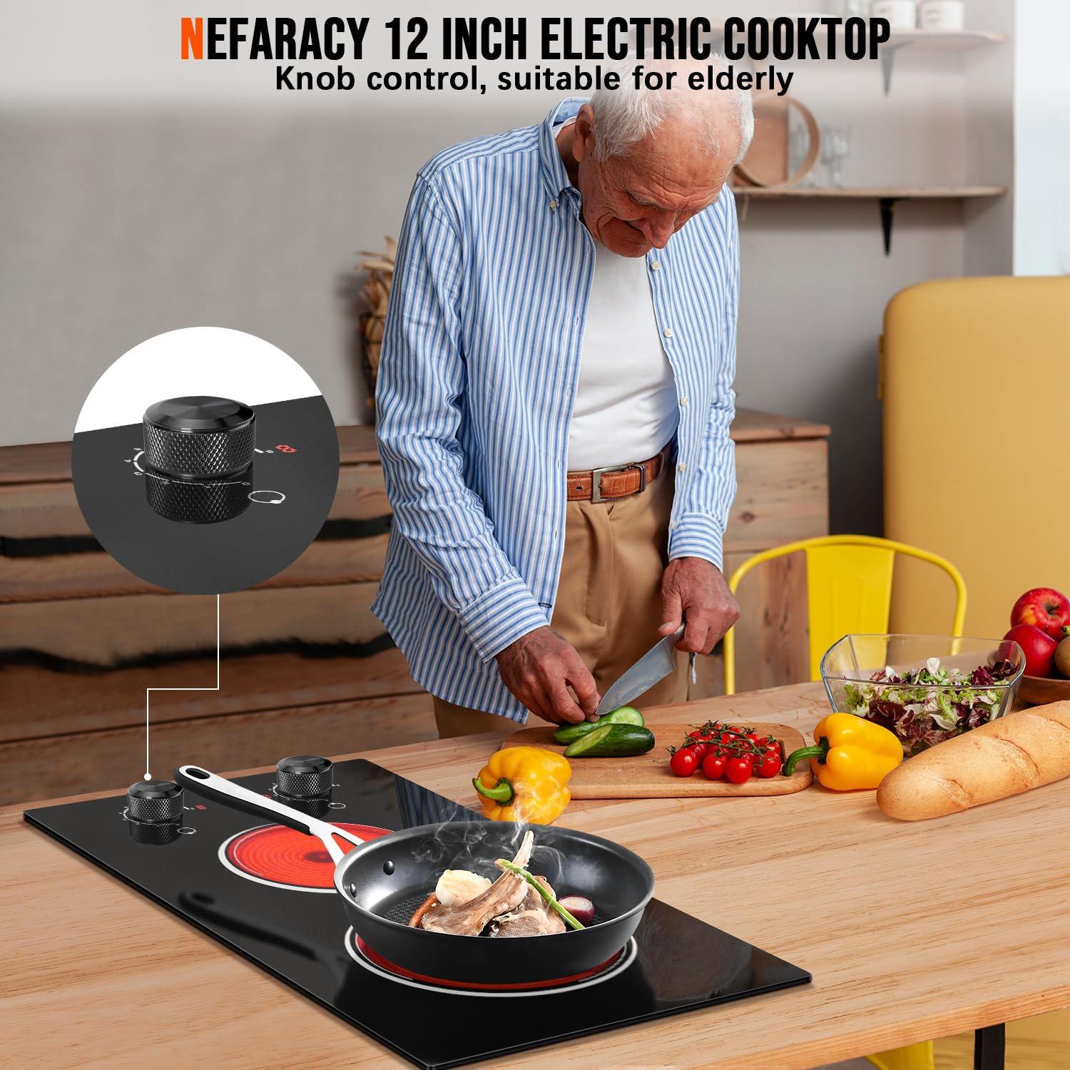 2 Burner Electric Stove, Nefaracy 12 Inch Electric Cooktop with Knob Control, Countertop & Built-in Electrical Stove Top, 2000W Ceramic Cooktop 110V, 9 Heating Level, Residual Heat Indicator, Plug in