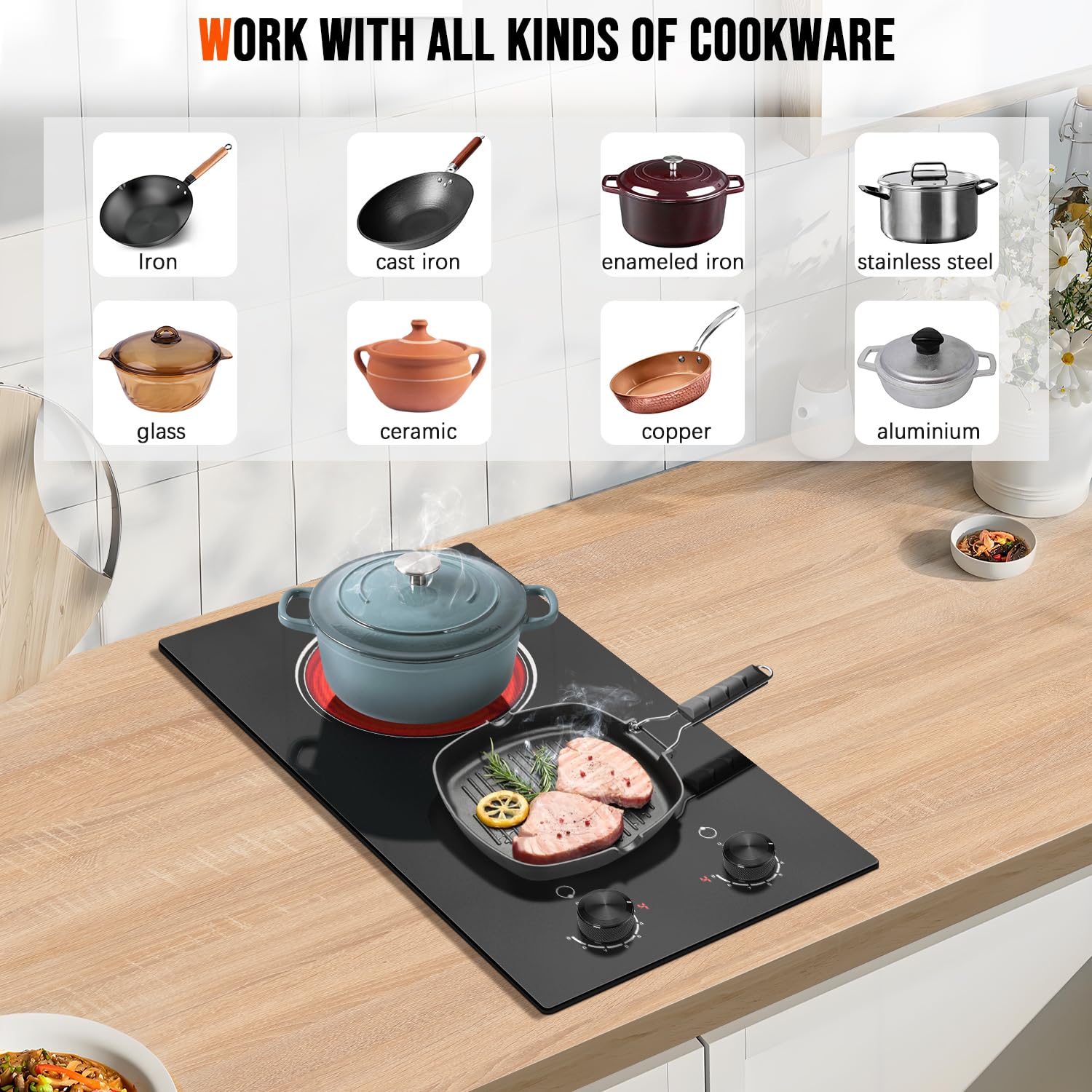 2 Burner Electric Stove, Nefaracy 12 Inch Electric Cooktop with Knob Control, Countertop & Built-in Electrical Stove Top, 2000W Ceramic Cooktop 110V, 9 Heating Level, Residual Heat Indicator, Plug in