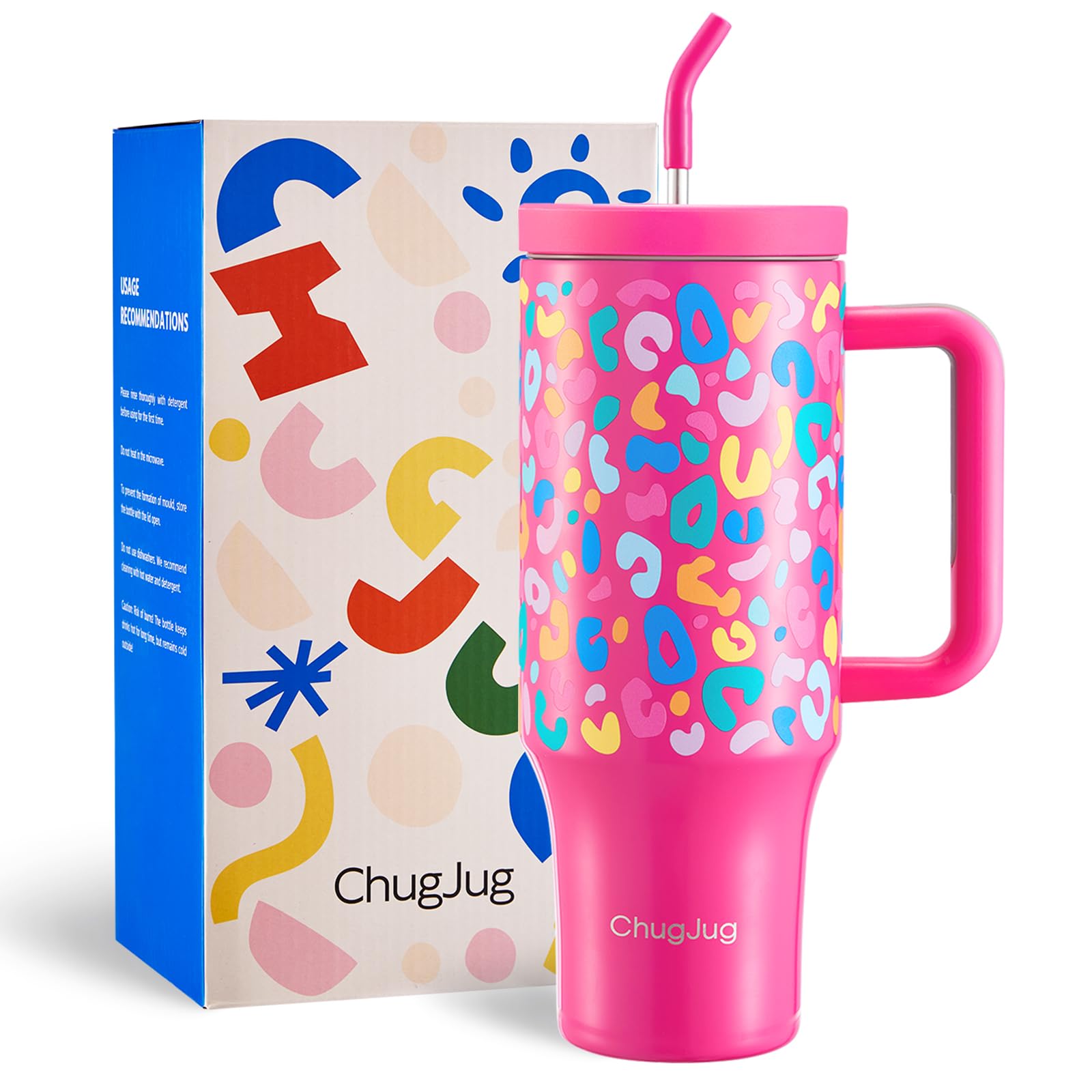 40 oz Tumbler with Handle and Straw Lid, Reusable Leak-Proof Insulated Tumblers, Stainless Steel Coffee Tumbler Cups, Travel Mug for Home Office, Keep Cold 34Hrs, Cup Holder Friendly(Pink Panther)