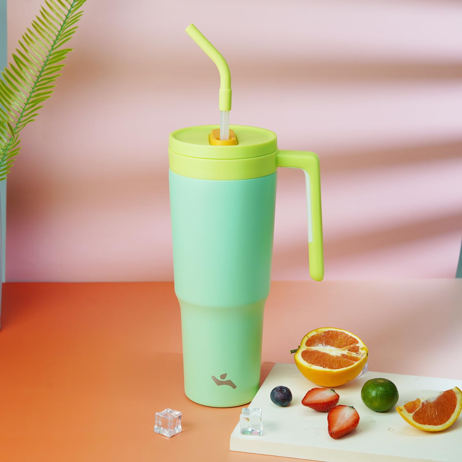 Konokyo Insulated Tumbler with Handle and Straw,40 OZ Vacuum Stainless Steel Water Bottle Travel Mug Metal Cup with Fruit Diffuser,Lime