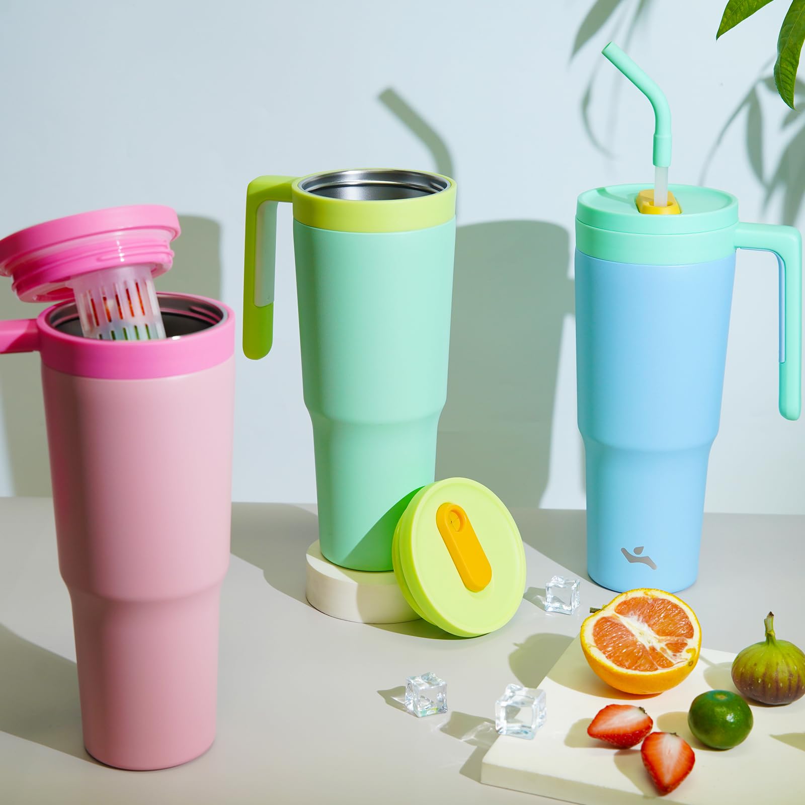 Konokyo Insulated Tumbler with Handle and Straw,40 OZ Vacuum Stainless Steel Water Bottle Travel Mug Metal Cup with Fruit Diffuser,Lime
