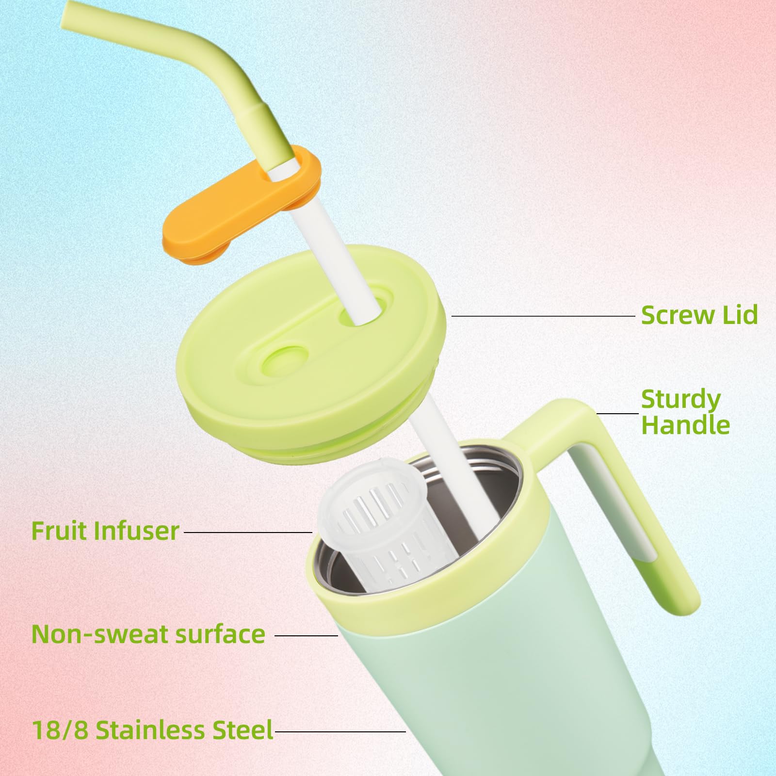 Konokyo Insulated Tumbler with Handle and Straw,40 OZ Vacuum Stainless Steel Water Bottle Travel Mug Metal Cup with Fruit Diffuser,Lime