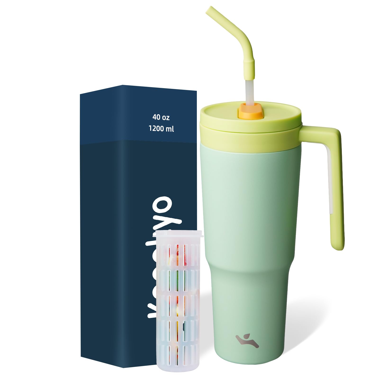 Konokyo Insulated Tumbler with Handle and Straw,40 OZ Vacuum Stainless Steel Water Bottle Travel Mug Metal Cup with Fruit Diffuser,Lime