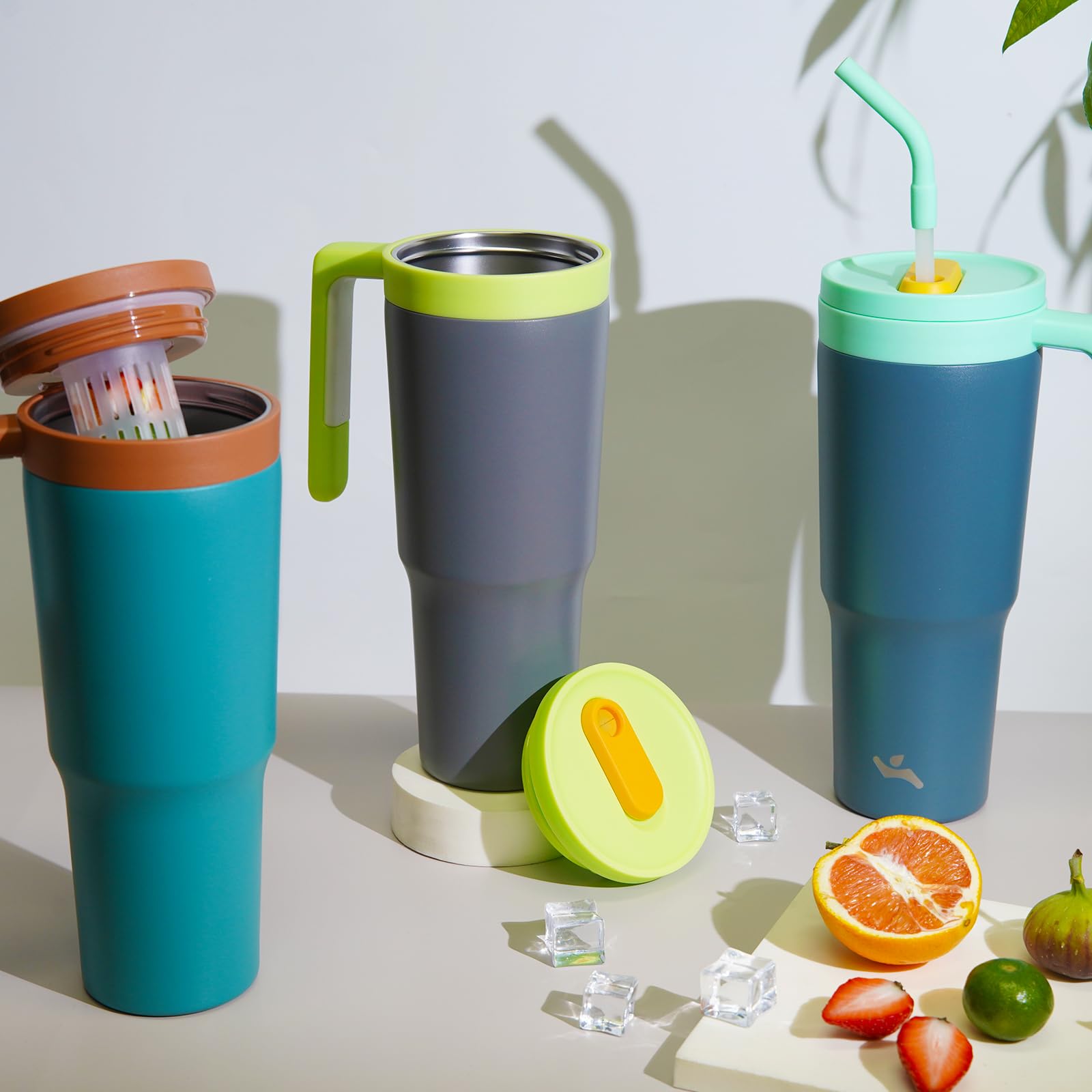 Konokyo Insulated Tumbler with Handle and Straw,40 OZ Vacuum Stainless Steel Water Bottle Travel Mug Metal Cup with Fruit Diffuser,Grey