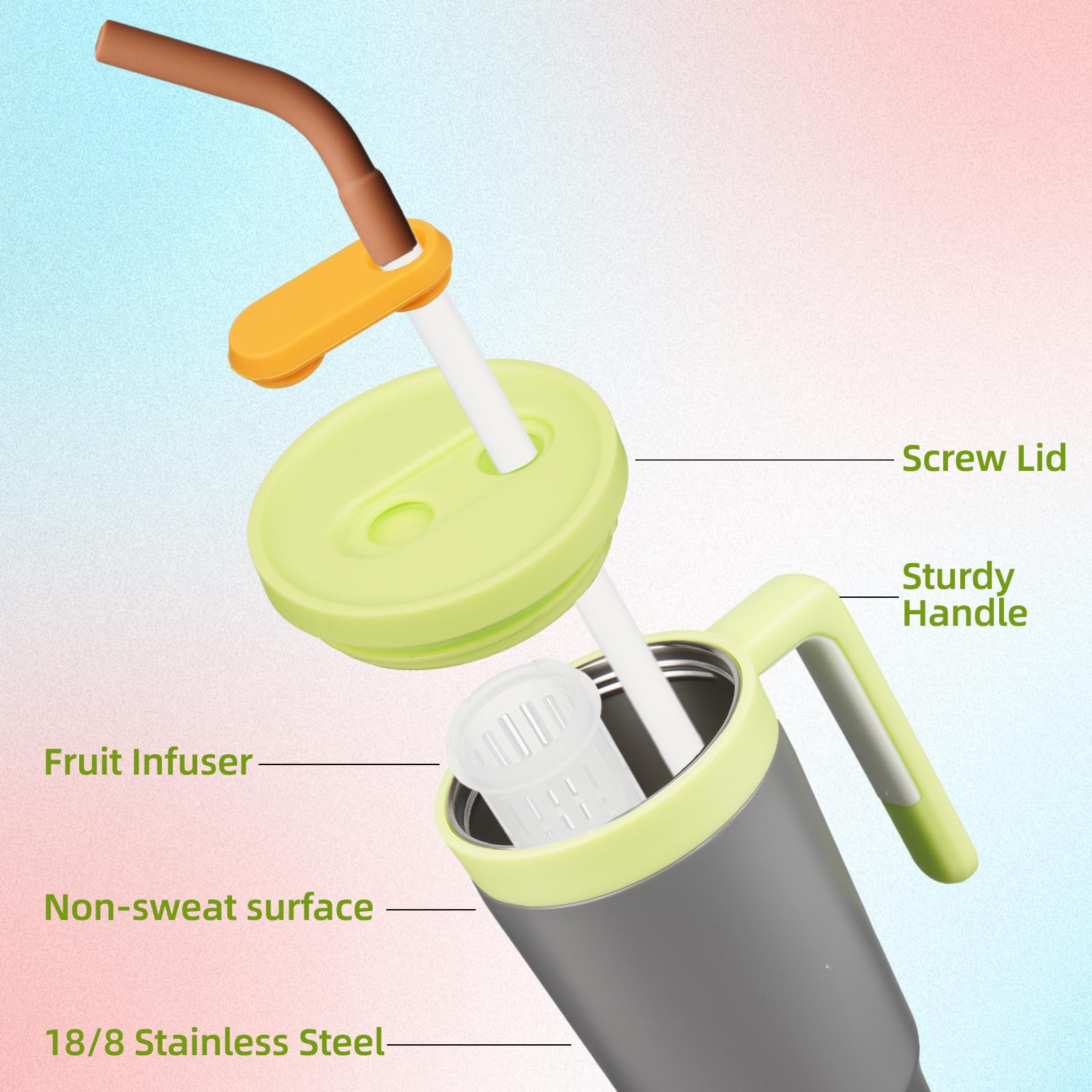 Konokyo Insulated Tumbler with Handle and Straw,40 OZ Vacuum Stainless Steel Water Bottle Travel Mug Metal Cup with Fruit Diffuser,Grey