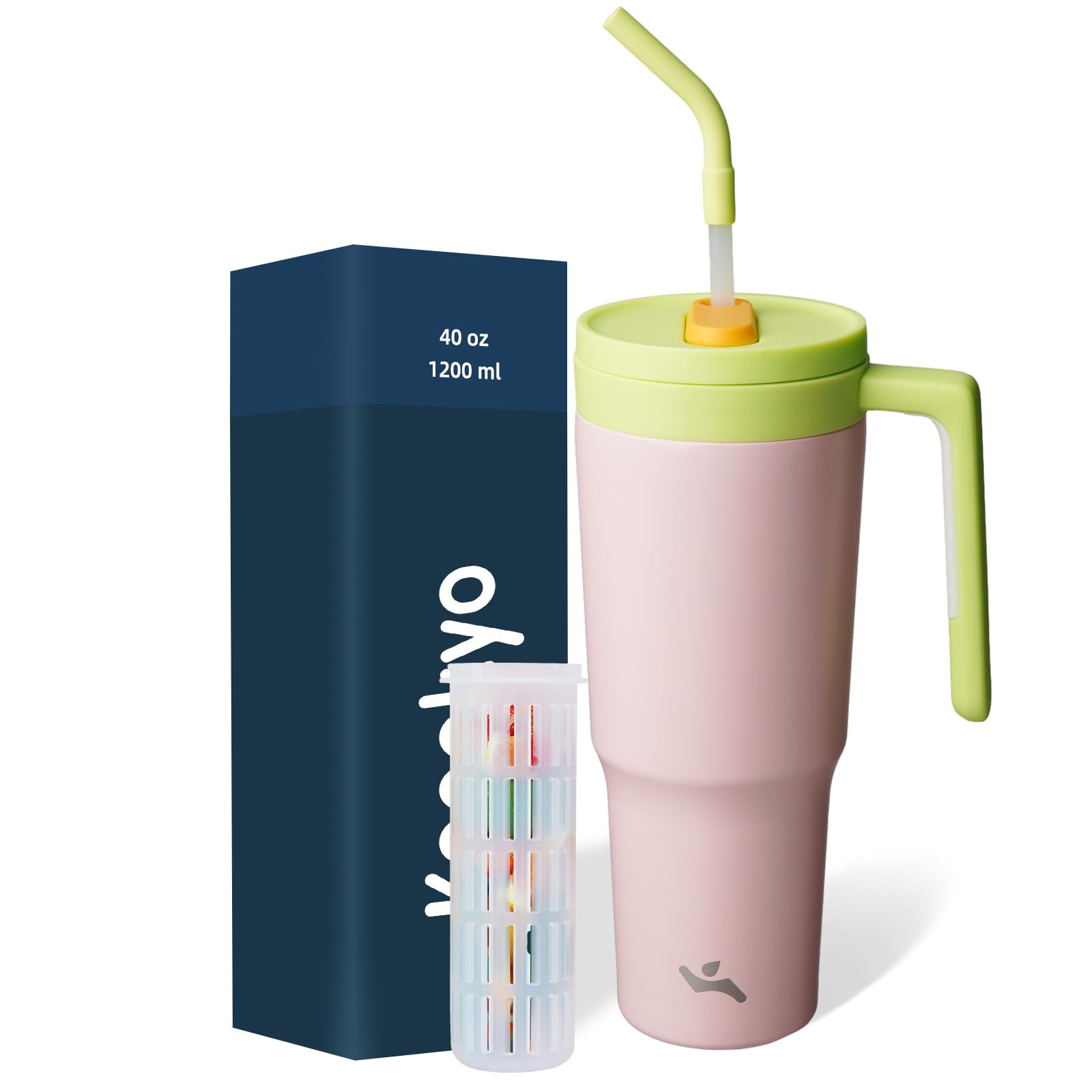 Konokyo Insulated Tumbler with Handle and Straw,40 OZ Vacuum Stainless Steel Water Bottle Travel Mug Metal Cup with Fruit Diffuser,Cherry