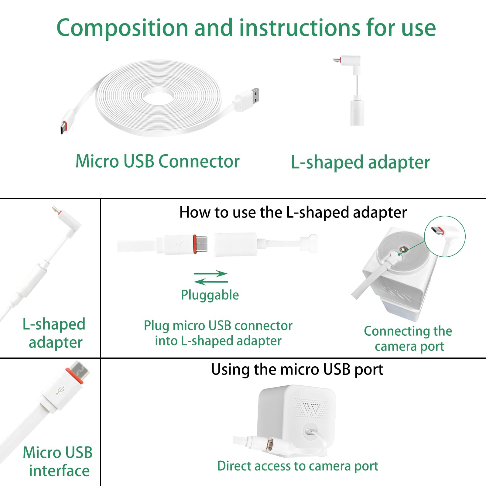 AYIIFEI 26FT Power Extension Cable and Adapter for Wyze Cam v4,Wyze Cam Pan v3,Wyze OG, Wyze Cam v3 and v3 Pro Outdoor,Waterproof Flat Micro USB Charging Cord Charger for Security Camera 2 Pack