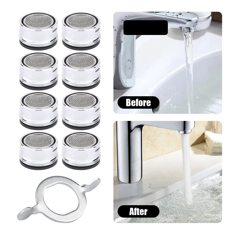 8 Pcs 2.2 GPMBathroom Sink Aerator, Stainless Steel Core Brass Shell Sink Aerator with Washers and Wrench 15/16-Inch 24 mm Male 2.2 GPM Threads Universal Faucet Aerator Standard Parts Replacement