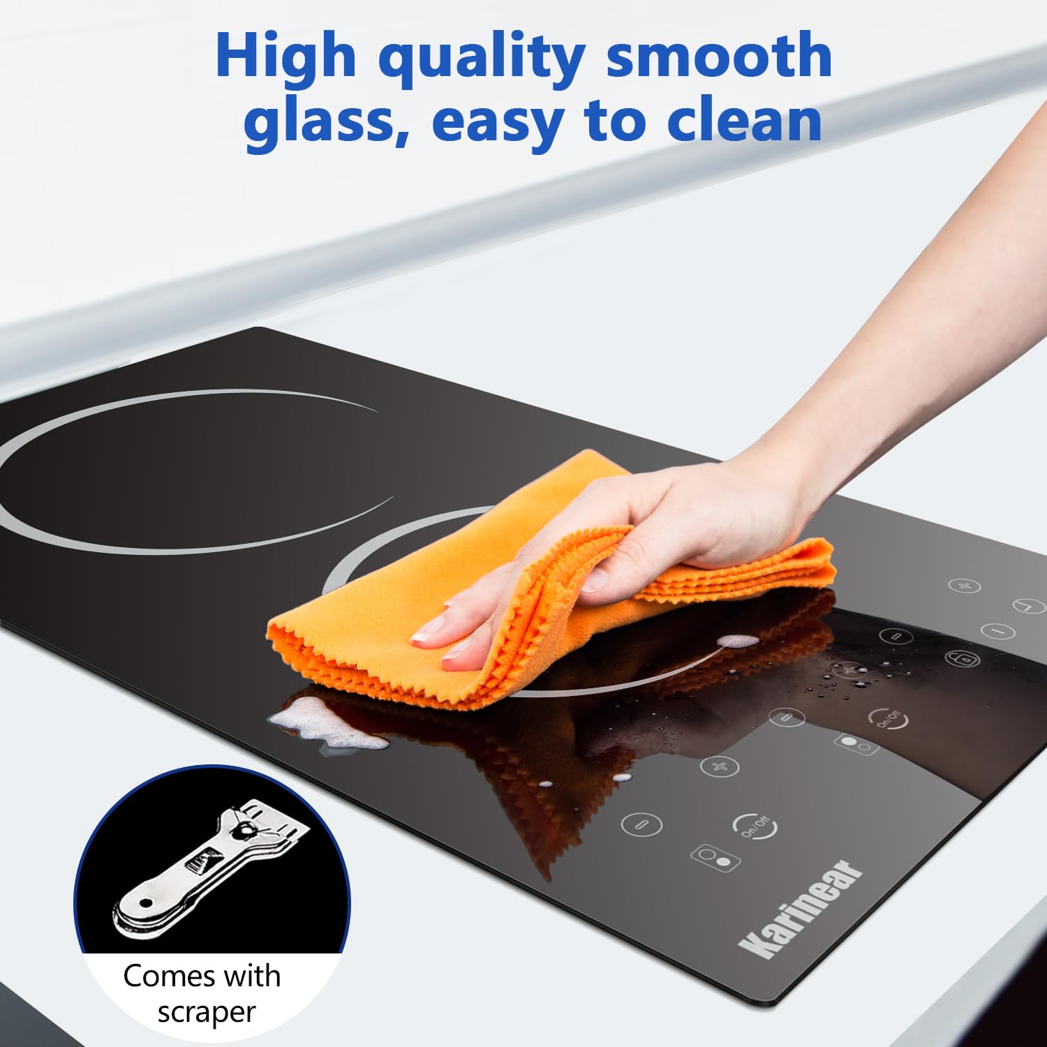 Karinear 110V Electric Cooktop 2 Burner - 12 Inch Plug in Electric Stove 110v, Countertop & Built-in Ceramic Cooktop, 2000W, Timer, Safety Lock, Residual Heat Indicator, Overheat Protection