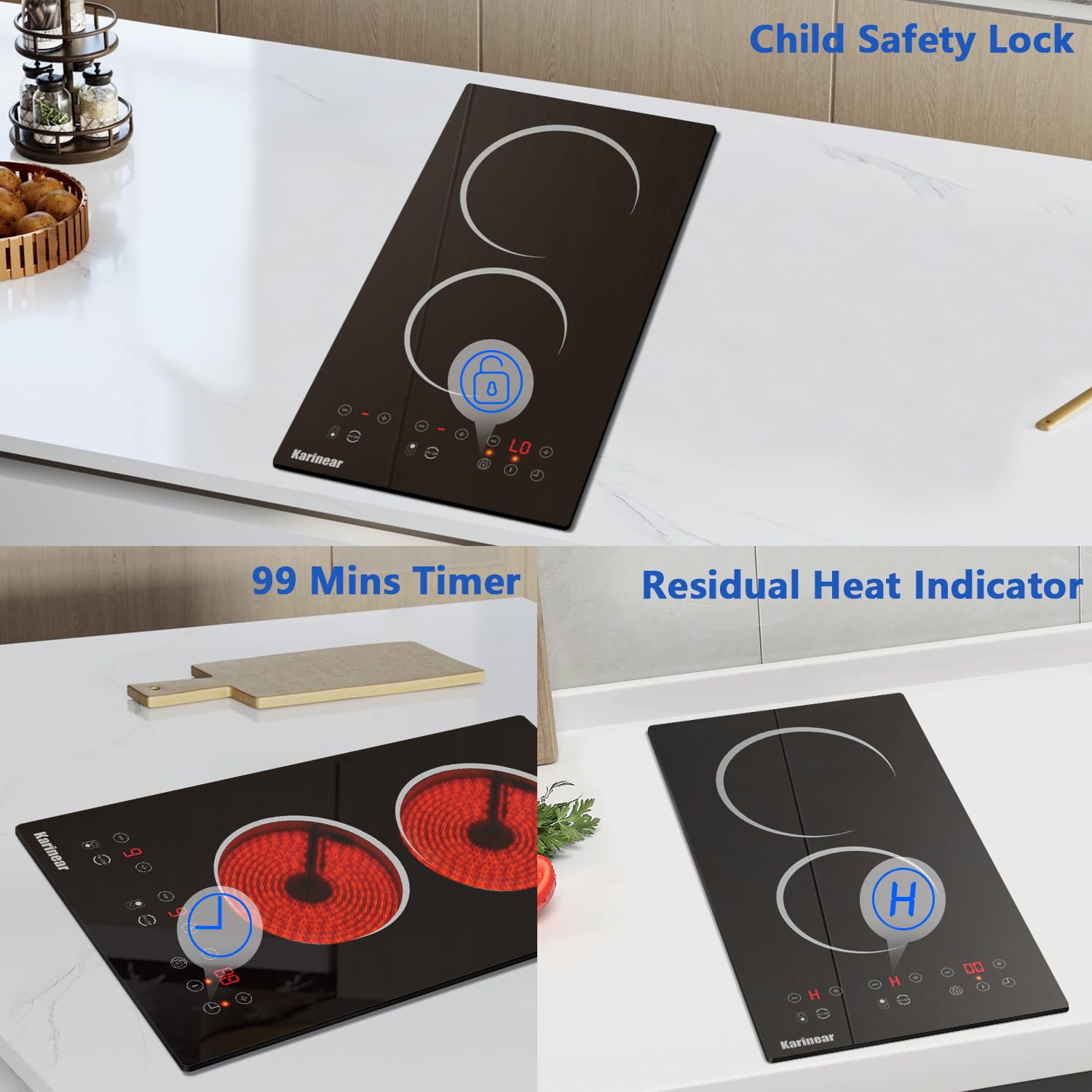 Karinear 110V Electric Cooktop 2 Burner - 12 Inch Plug in Electric Stove 110v, Countertop & Built-in Ceramic Cooktop, 2000W, Timer, Safety Lock, Residual Heat Indicator, Overheat Protection