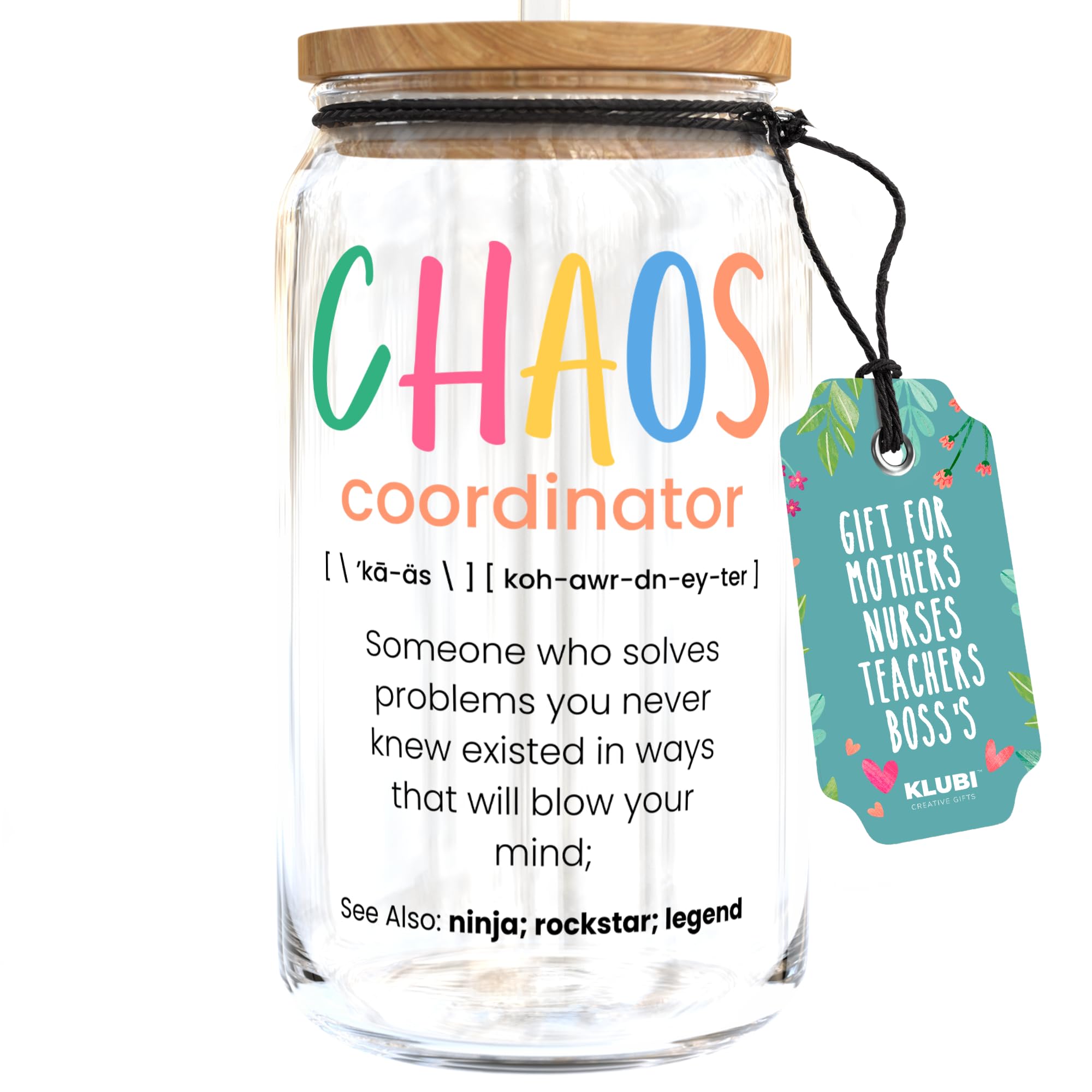 KLUBI Chaos Coordinator Glass Cup With Straw 16oz Chaos Coordinator Gifts for Women Christmas Gifts Officiant Gifts for Wedding Day Promotion Gifts for Women Nurse Gifts Bosses Day Gifts for Her