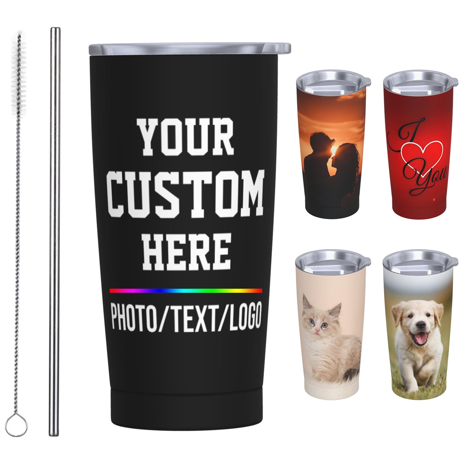 generic Personalized Coffee Tumbler with Picture, Text, Logo Custom 20oz Stainless Steel Tumbler Cup with Lid and Straw Customized Gifts for Christmas Birthday Anniversary, White