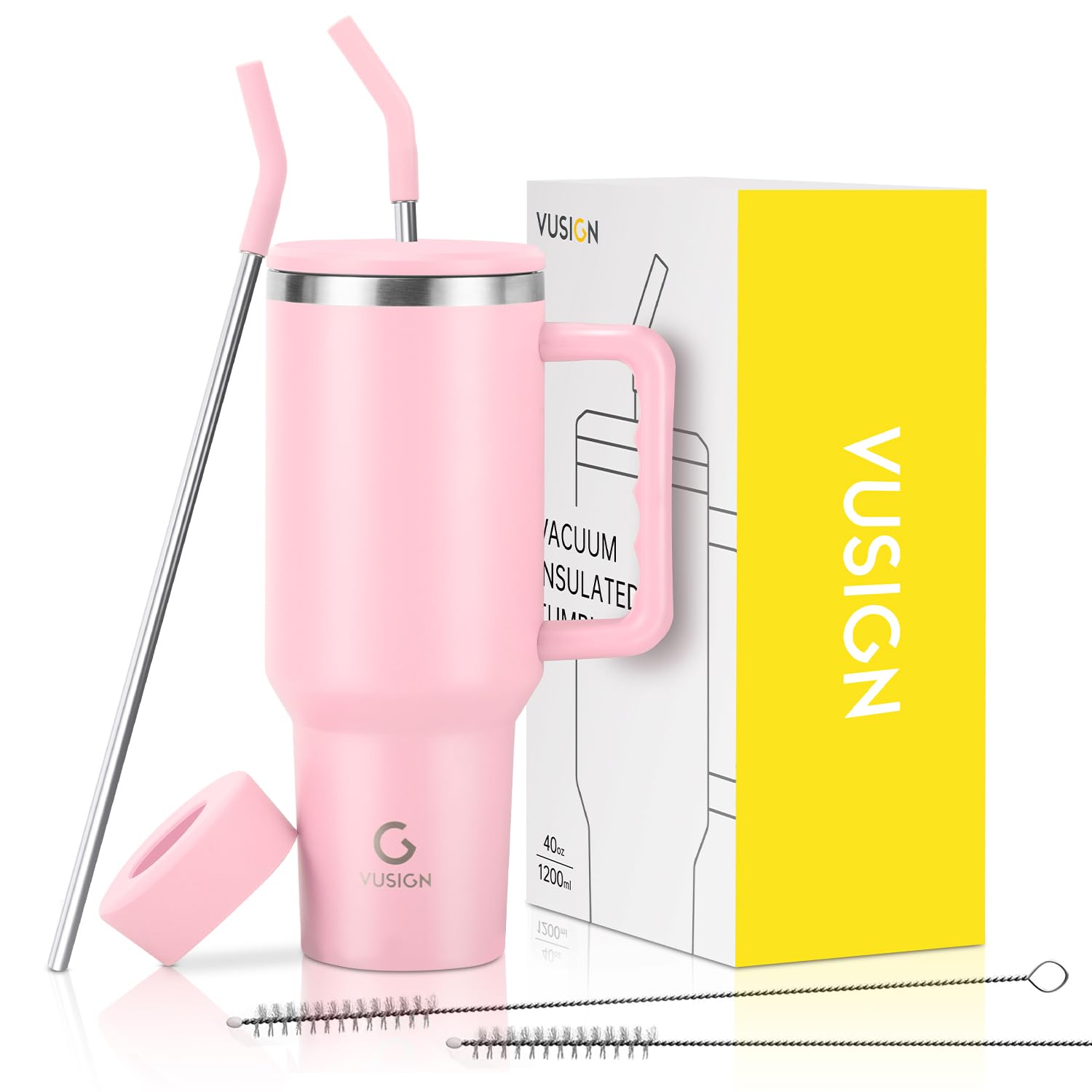 VUSIGN 40 oz Tumbler with Handle and Straw Lid, Stainless Steel Vacuum Insulated Tumbler Travel Mug Water Bottle Cup for Water Iced Tea Coffee Smoothie Car, Blush