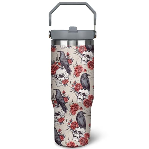 ysnifeiw 30oz Halloween Tumbler with Top Handle and Straw, Stainless Steel Insulated Gohst Pumpkin Cup Halloween Skeleton Coofee Mug Gifts for Women Men