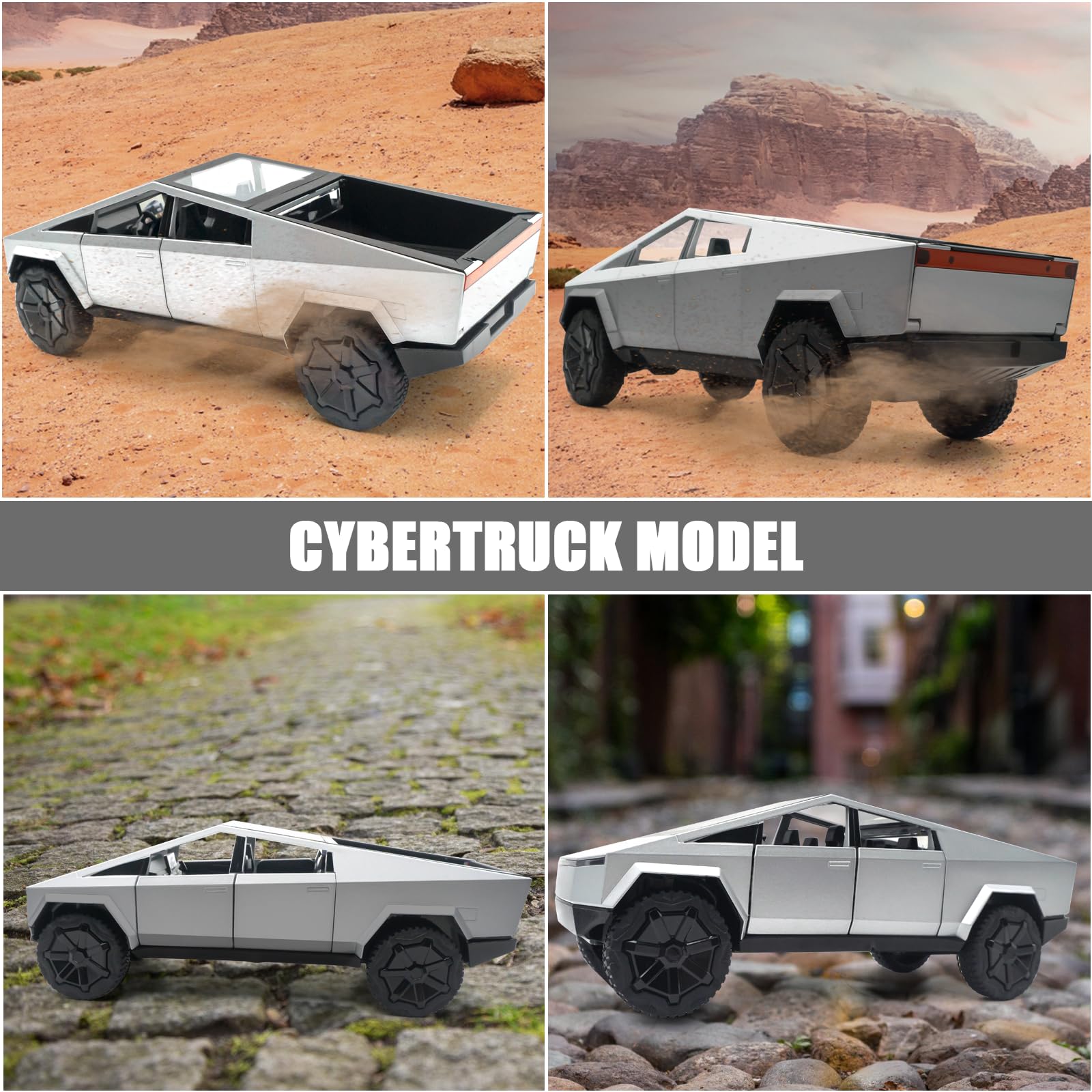 Cybertruck Model: 1/32 Diecast Metal Toy Trucks with Lights and Sounds, Mini Vehicles Toys for Boys, Ages 3 and Up (Silver)