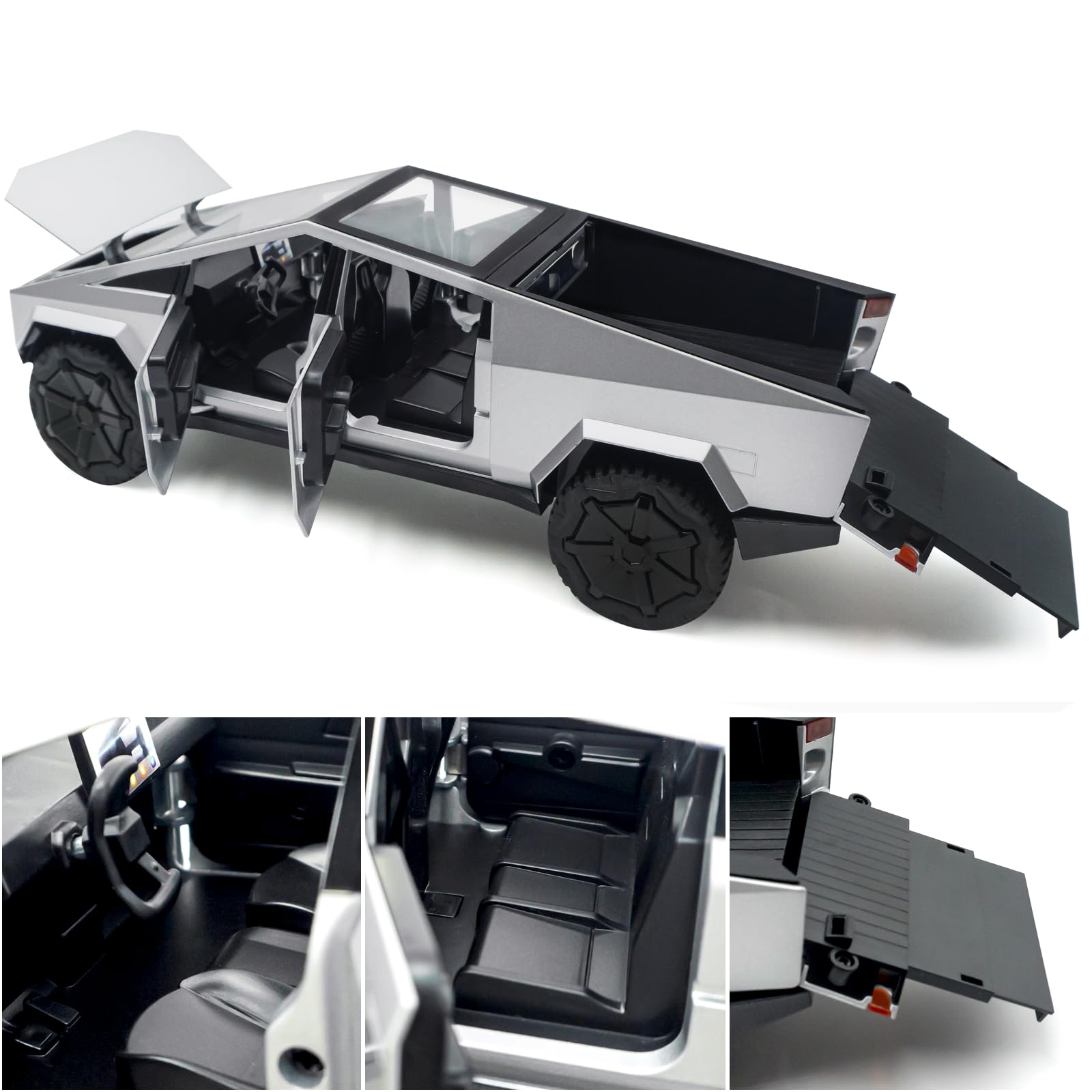 Cybertruck Model: 1/32 Diecast Metal Toy Trucks with Lights and Sounds, Mini Vehicles Toys for Boys, Ages 3 and Up (Silver)