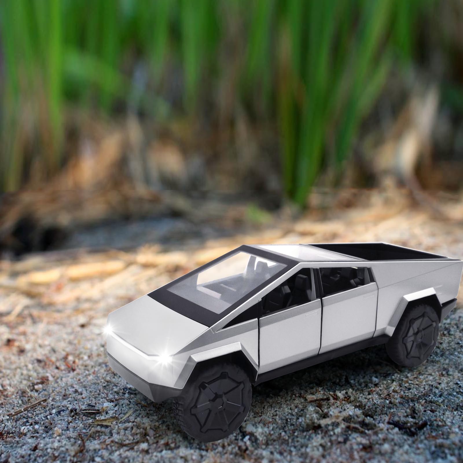 Cybertruck Model: 1/32 Diecast Metal Toy Trucks with Lights and Sounds, Mini Vehicles Toys for Boys, Ages 3 and Up (Silver)