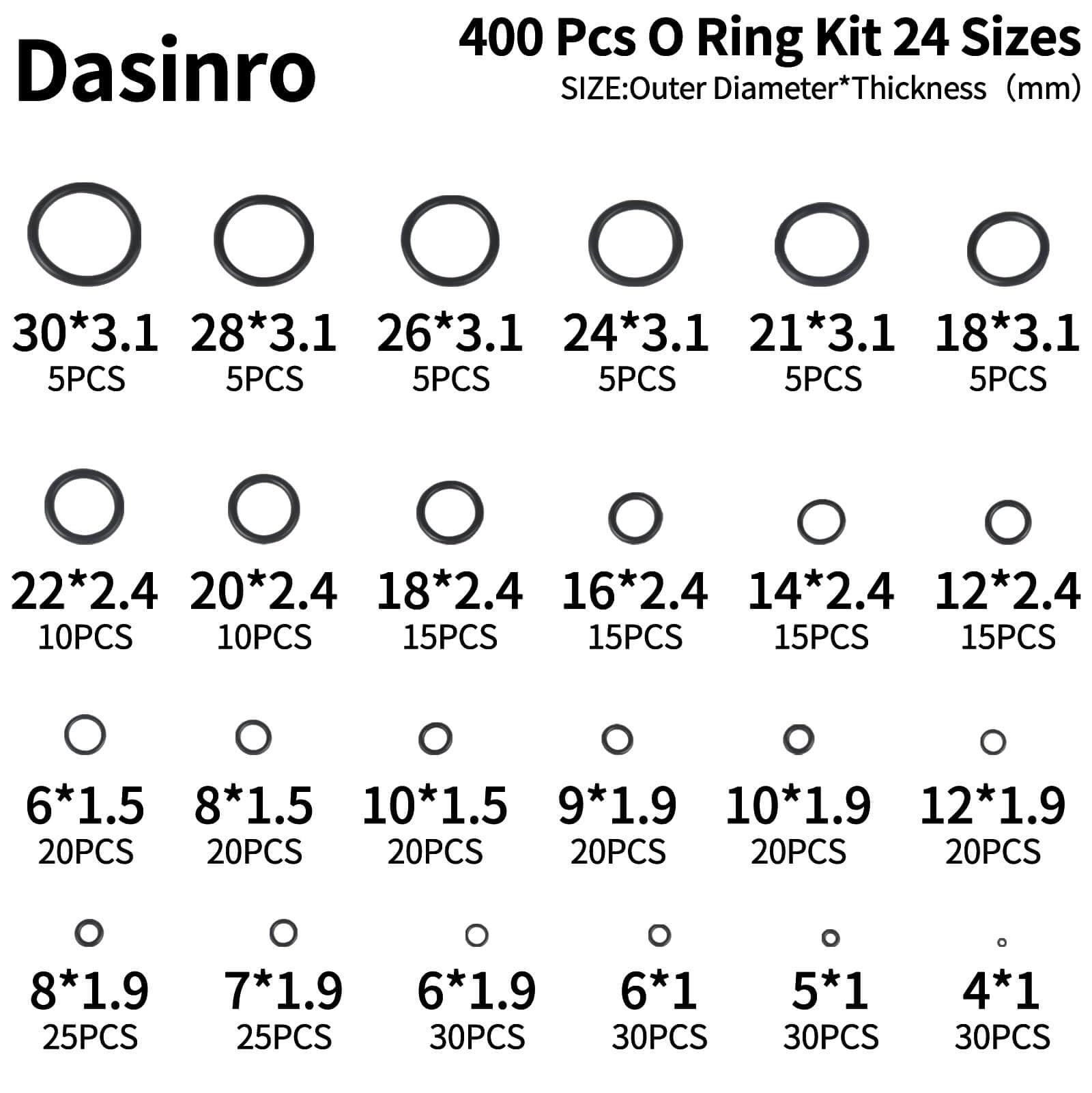400 Pcs Rubber O-Rings Assortment Kit, 24 Sizes Rubber O-Ring Sealing Seal Assortment Set for Faucet, Hose, Automotive Repair, Plumbing, Gas, O Rings Kit