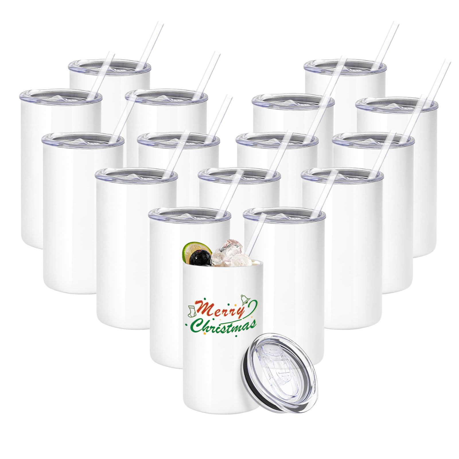 YOUKE OLA 16 Pack Sublimation Tumblers Blanks Bulk Sublimation Cups Skinny Straight Tumbler Stainless Steel Double Wall Insulated Water Bottles with Lid & Straw for DIY Gift, 12oz White