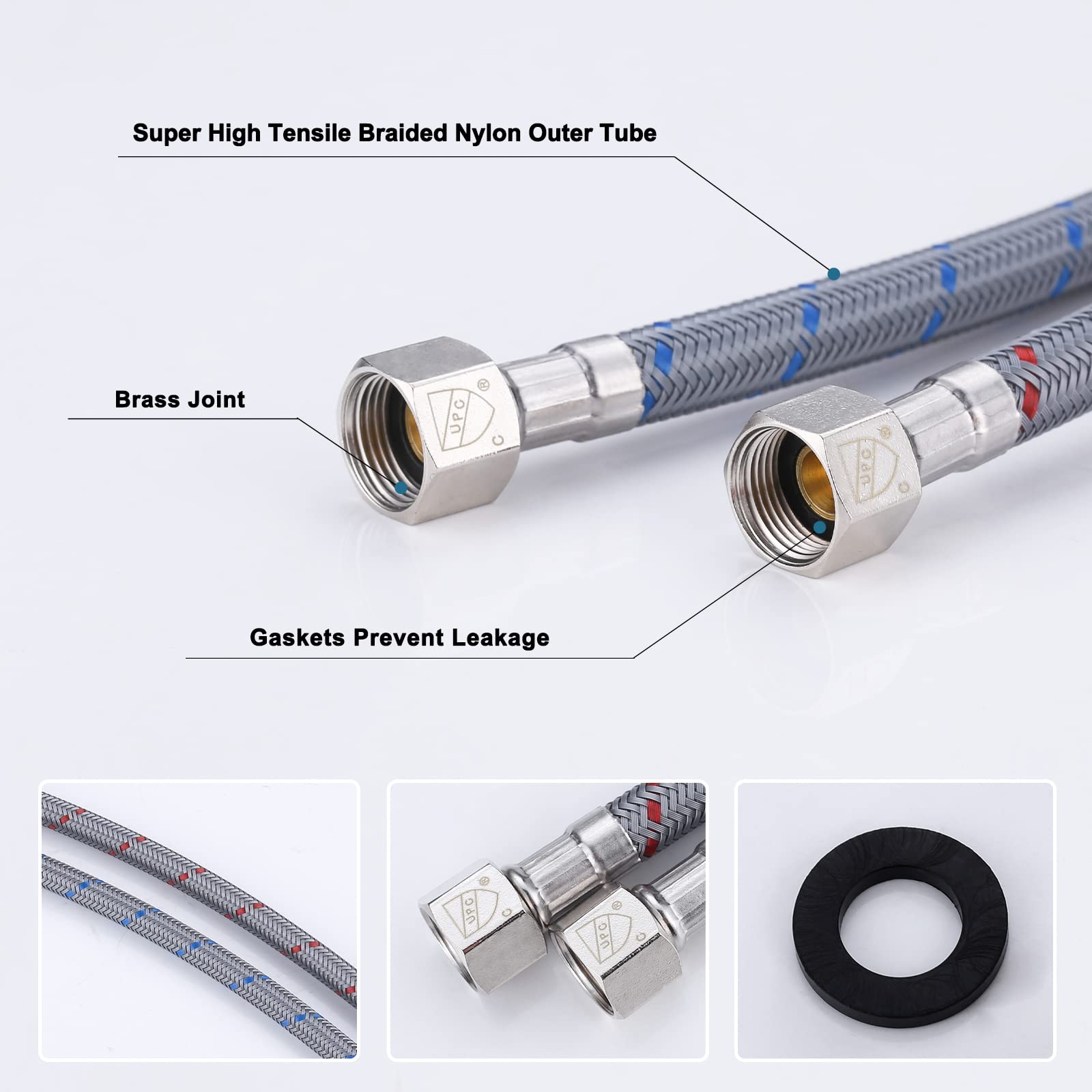 WOWOW 40" Length Faucet Supply Line, Bathroom Kitchen Faucet Lines Braided Nylon Sink Hose,cUPC Faucet Supply Lines 3/8" Female Compression Thread × M10 Male Connector 2Pcs (1 Pair)