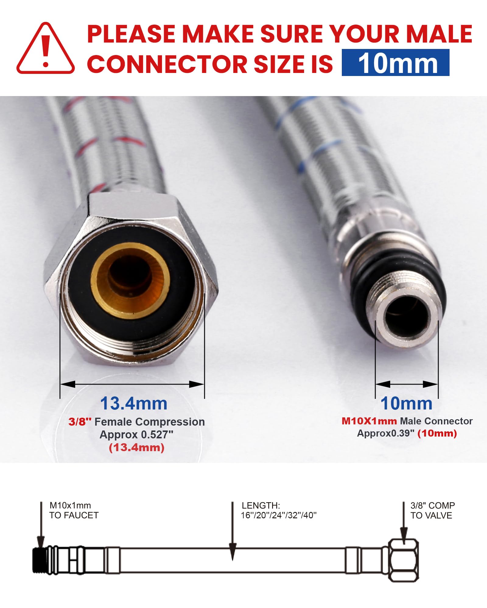 WOWOW 40" Length Faucet Supply Line, Bathroom Kitchen Faucet Lines Braided Nylon Sink Hose,cUPC Faucet Supply Lines 3/8" Female Compression Thread × M10 Male Connector 2Pcs (1 Pair)