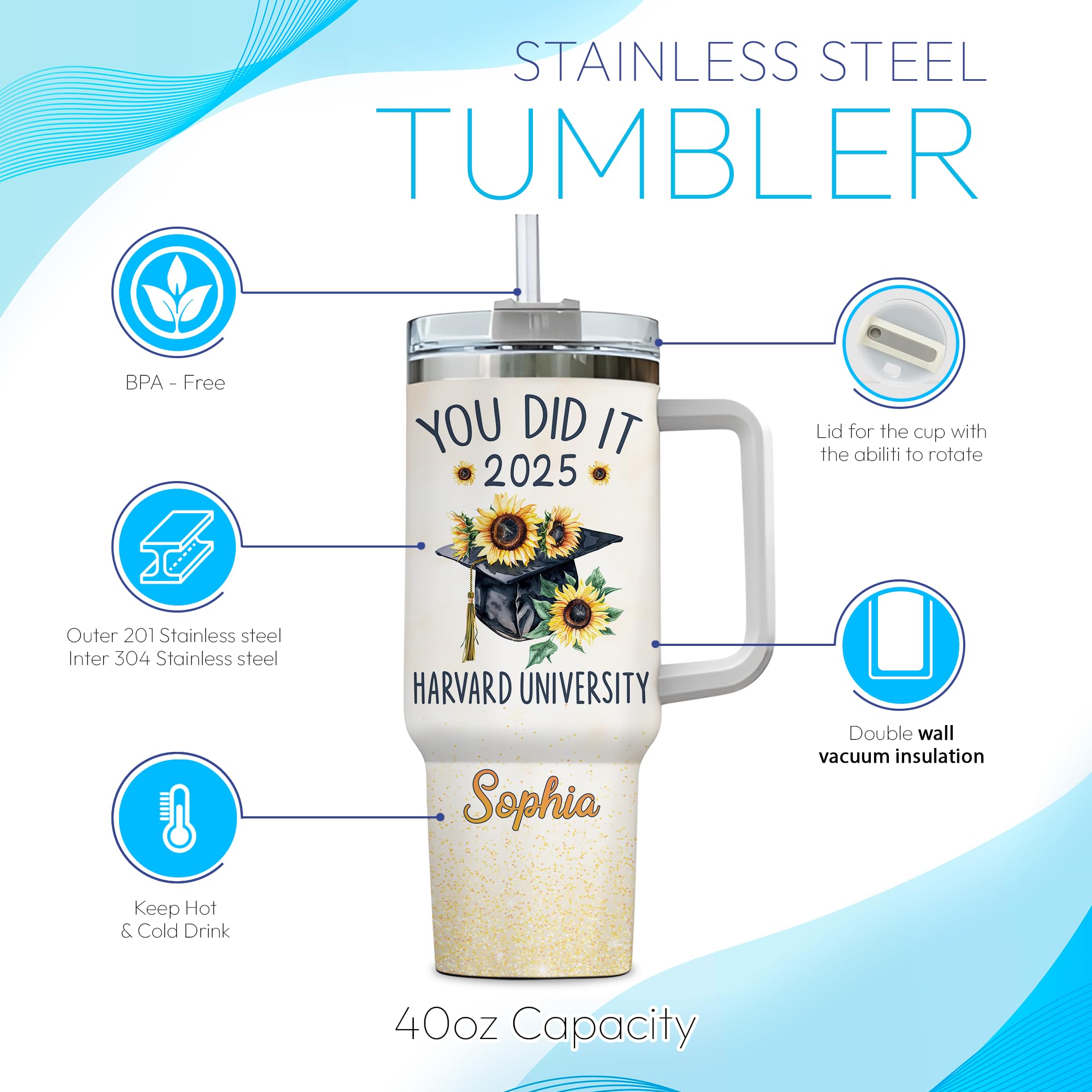 Hyturtle Personalized Graduation Gifts For Her Women - She Believed She Could So She Did - Congrats Grad Gifts For College High School Masters Degree - Stainless Steel Travel Coffee Cup 40oz With Lid