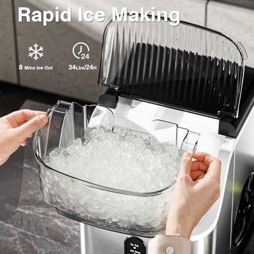 Nugget Ice Makers Countertop, Pebble Ice Machine with Chewable Pellet Ice, 34Lbs/24H, Self-Cleaning, Sonic Ice, One-Click Operation, for Kitchen,Office Stainless Steel Silver