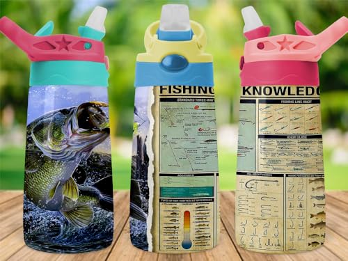 Generic Fishing Knowledge #3 12oz Stainless Steel Kids Tumbler, Boys Or Girls, Bass Fish Jumping, Take Fishing, Gift, Great For Keeping Drink Cold or Hot (Green/Blue Lid)