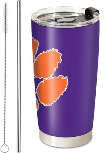 Generic 20oz College Football Tumbler, Stainless Steel Vacuum Travel Tumbler Cup with Lid and Straw, Coffee Mugs Gift for Clemson Drinks