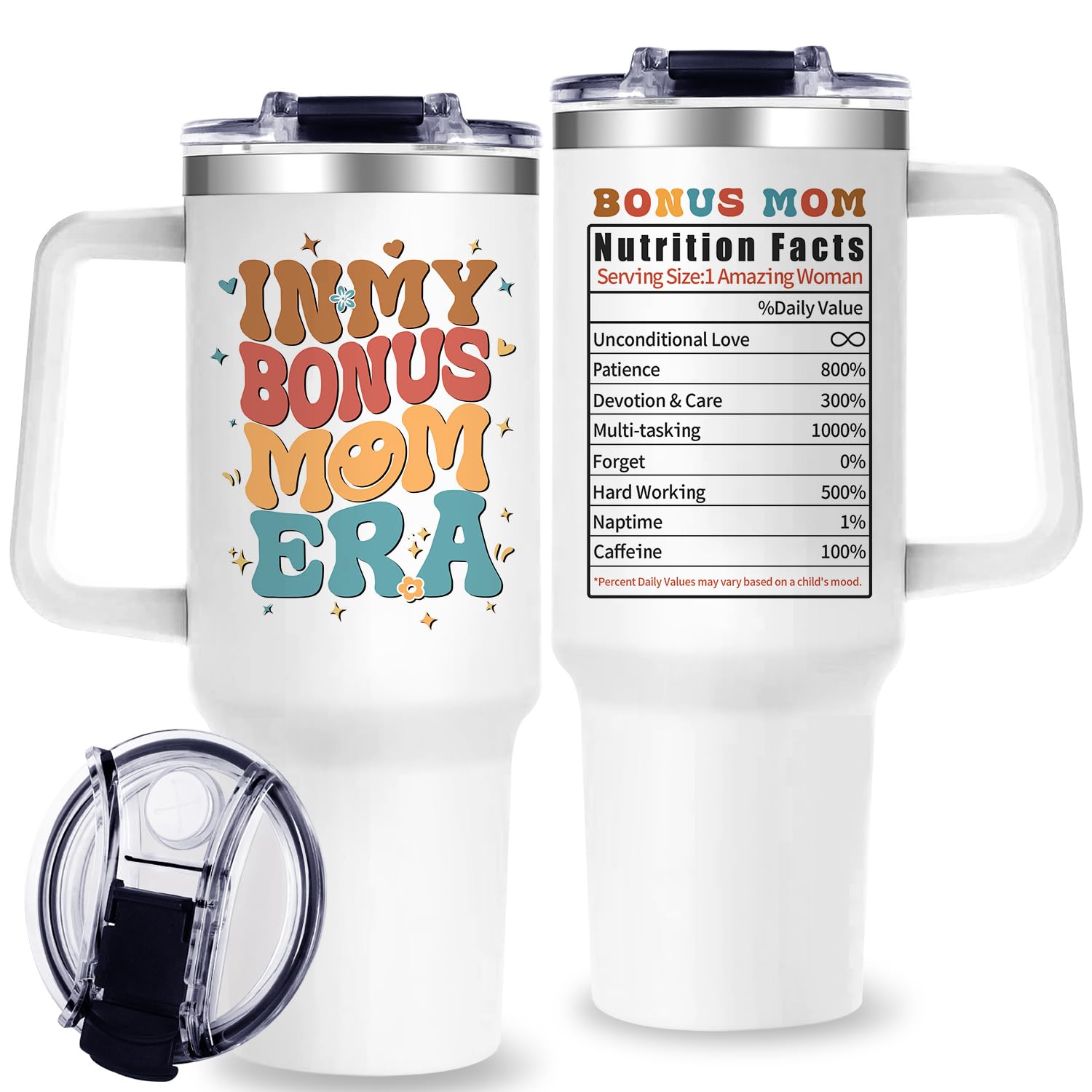 Bonus Mom Tumbler with Handle, Bonus's Moms Gifts - 40 oz In My Bonus Mom Cups Tumbler with Straw and Lid - Unique Mother In Law Birthday Gifts for Mothers Day Christmas for Step Moms Gift
