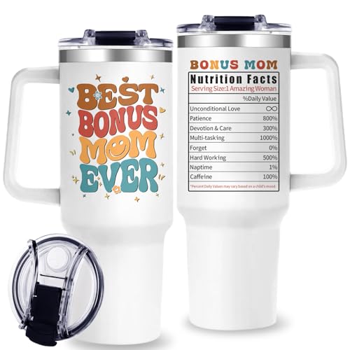 Bonus Mom Tumbler with Handle, Bonus Mom Gifts - 40 oz Best Moms Cups Tumbler with Straw and Lid - Unique Mother In Law Birthday Gift for Mothers Day Christmas for Step Moms Gifts