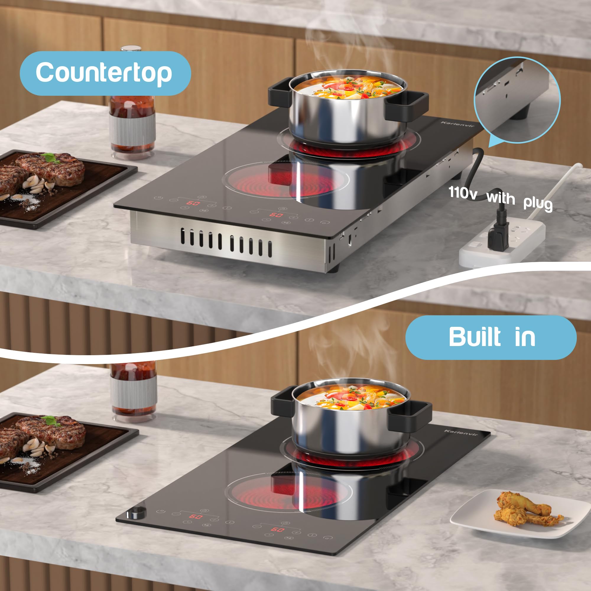 2 Burner Electric Cooktop, 110v Electric Stove with Plug, 12 Inch Countertop & Built-In Portable Electric Stove, 9 Levels of Power, 2000W, Touch Control, Safety Lock, Timer, Pause Function, Karienvir