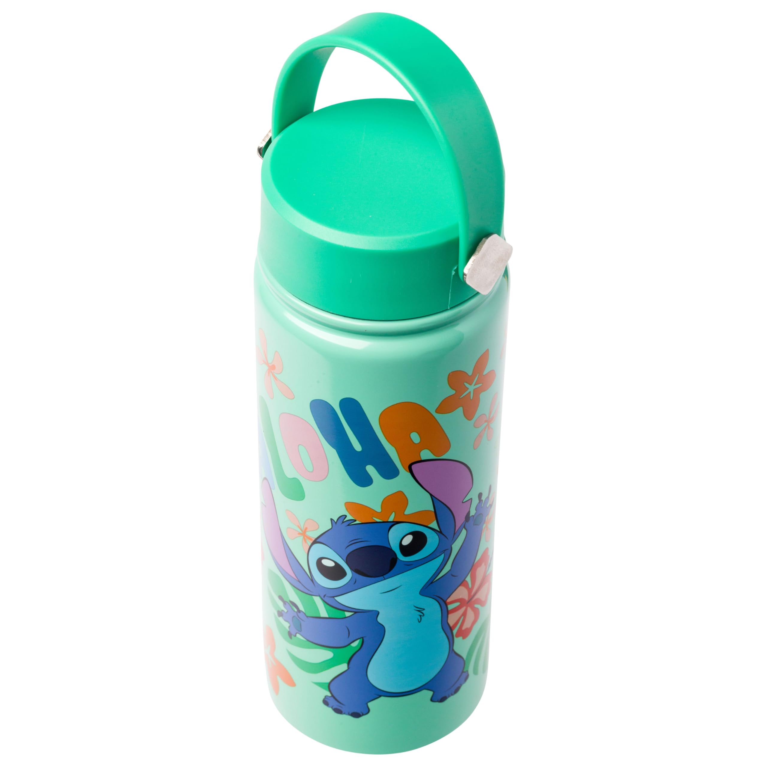 Silver Buffalo Disney Lilo and Stitch “Aloha” Stainless Steel Water Bottle with Swivel Handle Featuring Stitch, 20 Ounces
