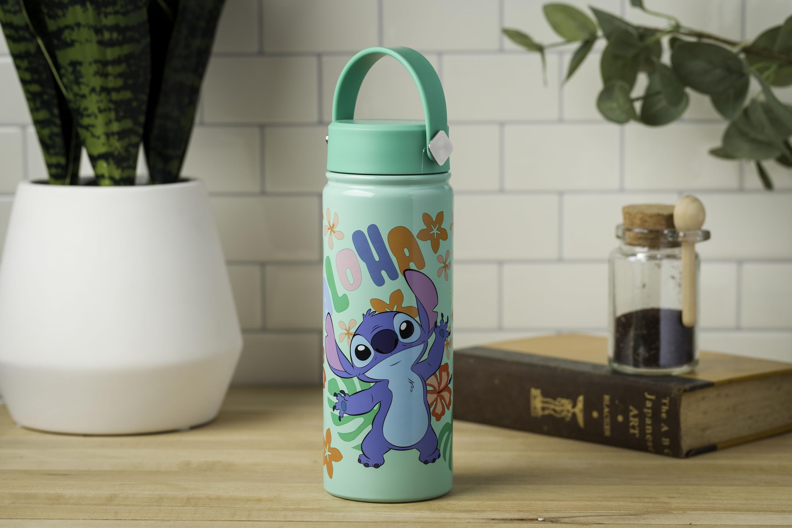Silver Buffalo Disney Lilo and Stitch “Aloha” Stainless Steel Water Bottle with Swivel Handle Featuring Stitch, 20 Ounces
