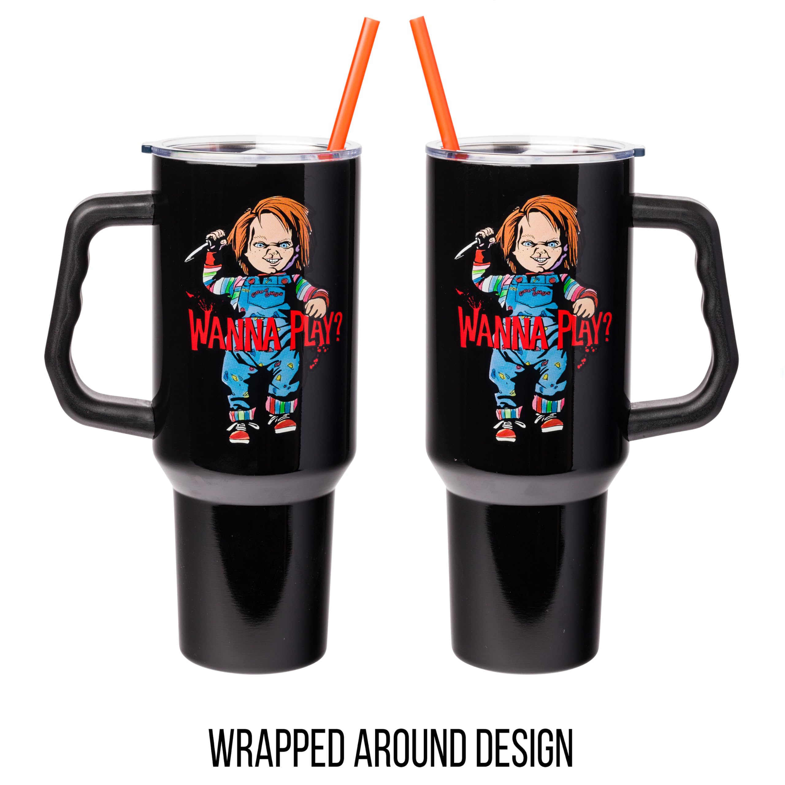 Silver Buffalo Chucky Holding Knife Wanna Play Spooky Scary Stainless Steel Tumbler with Handle and Straw, Fits in Standard Cup Holder, 40 Ounces