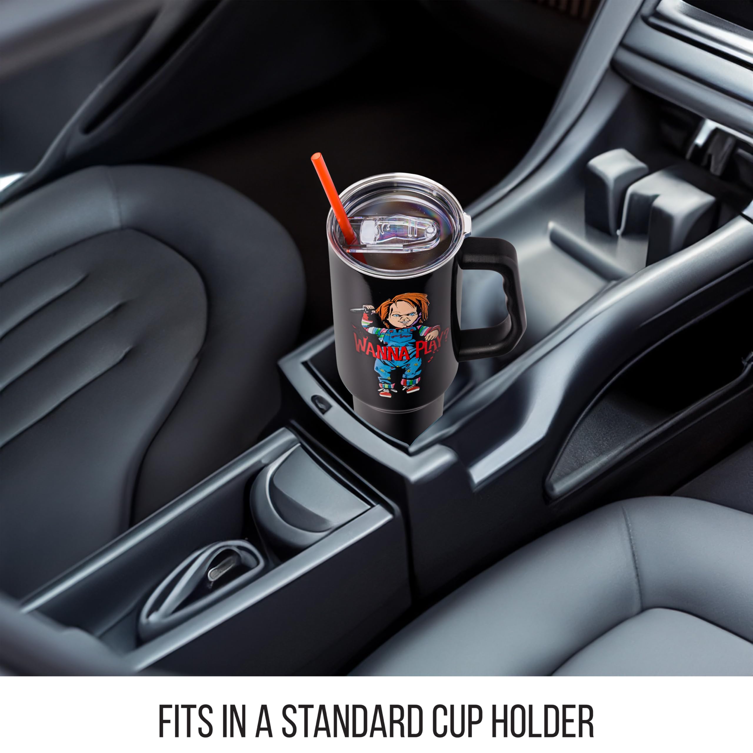 Silver Buffalo Chucky Holding Knife Wanna Play Spooky Scary Stainless Steel Tumbler with Handle and Straw, Fits in Standard Cup Holder, 40 Ounces