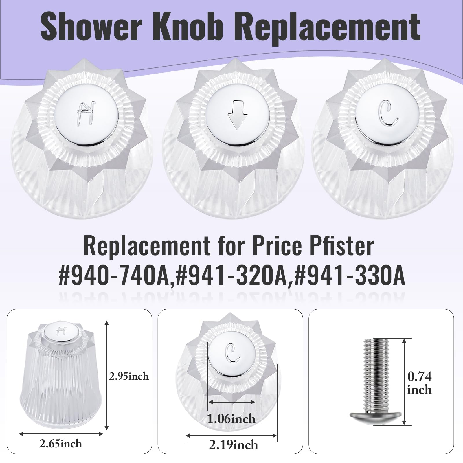 hansengroe Shower Knobs 3 Piece Replacement for Price Pfister Bathtub Faucet Handles, 12 Point Broach, Clear Acrylic Shower Handles Hot and Cold Replacement Kit Include Diverter